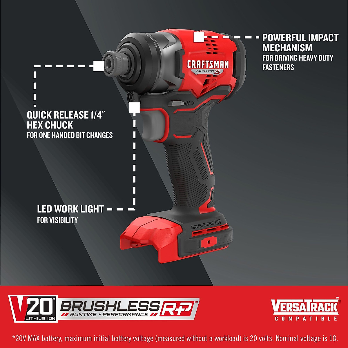 CRAFTSMAN V20 Cordless Impact Driver, 1/4 inch, Bare Tool Only (CMCF813B)