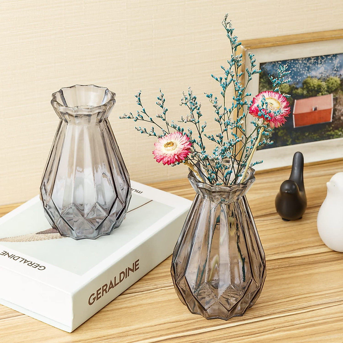 MyGift Small Clear Gray Glass Decorative Vase, 6 Inch Diamond-Faceted Flower Bud Vase, Set of 2