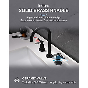 Matte Black Bathroom Faucet, Indare 360° Swivel Spout Two Handles Widespread 4 Inch 8Inch Brass Bathroom Sink Faucet 3 Hole with Pop-Up Drain and Water Supply Lines, Upgraded Style