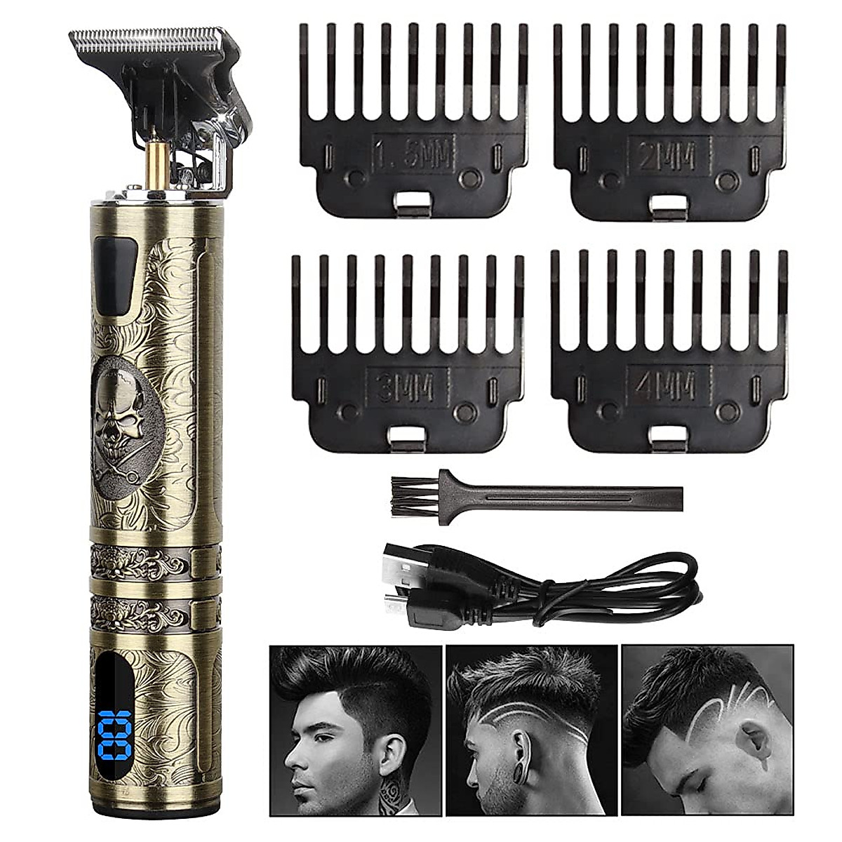 Professional Hair Trimmer for Men Cordless Hair Clippers LCD display Zero Gapped T Blade Rechargeable Multifunctional for Barber Family LCD-Skull-bronze