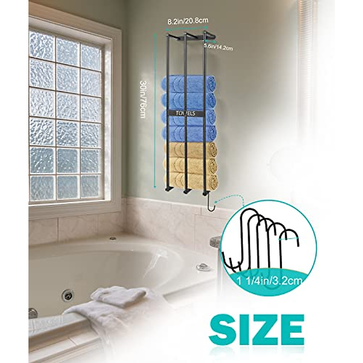 KOCWELL Towel Racks for Bathroom Wall Mounted, 3 Bar Bathroom Towel Holder with Extra 4 Suction Cups and 5 Hooks, Bathroom Towel Storage, Metal Bath Towel Holder for Large Towel Washcloths, Black