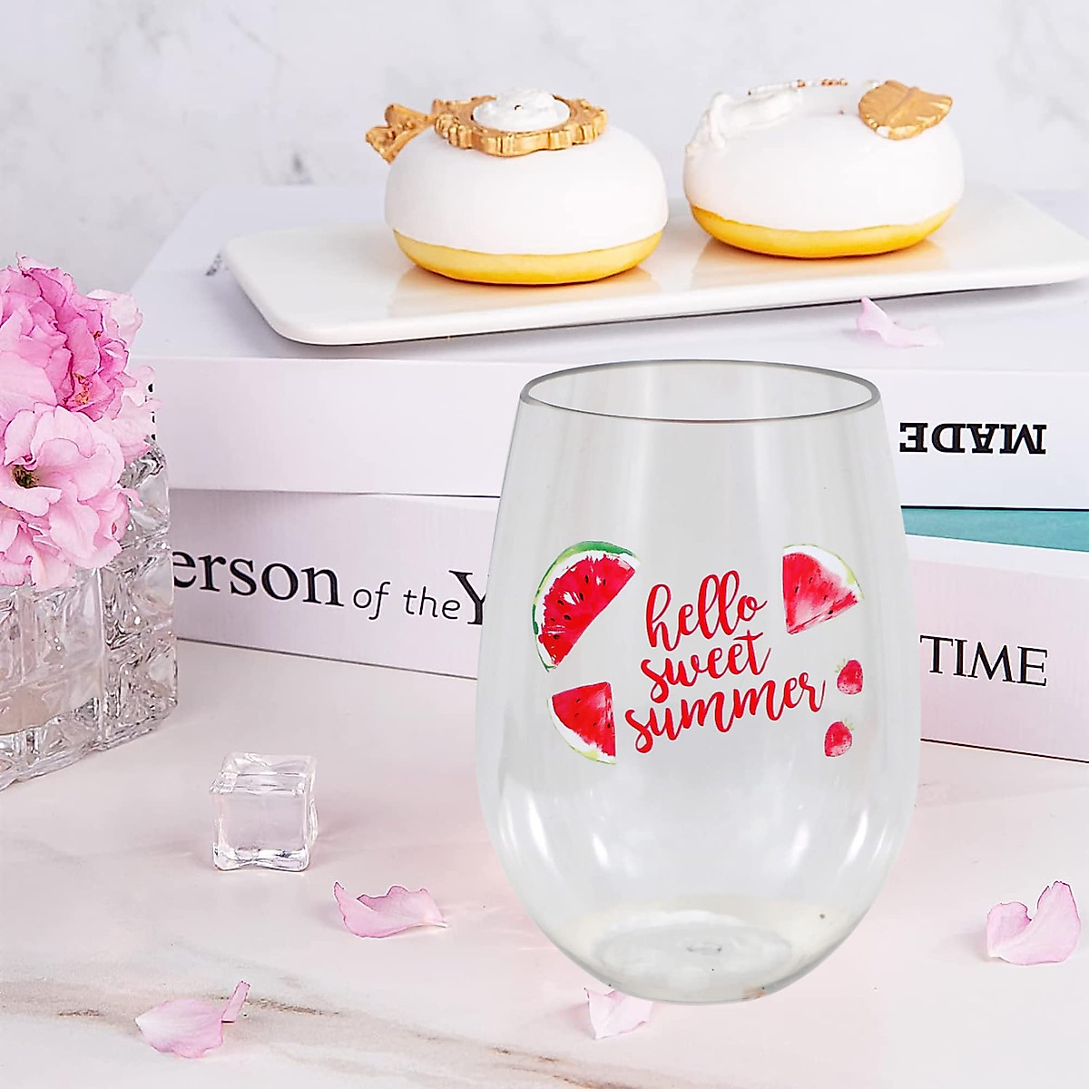 BFL Tropical Party Stemless Wine Glasses, 20oz Plastic Cups Reusable Shatterproof Drinkware Home Picnic Camping Summer Beach Pool Luau Hawaiian Themed Party Indoor Outdoor Pack of 4 (Design May Vary)