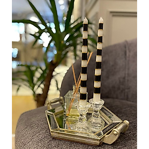 0 Handmade Decorative Hand Painted Taper Candles, 2 Pack | Striped Black & White | for Dinner Table and Interior Decoration