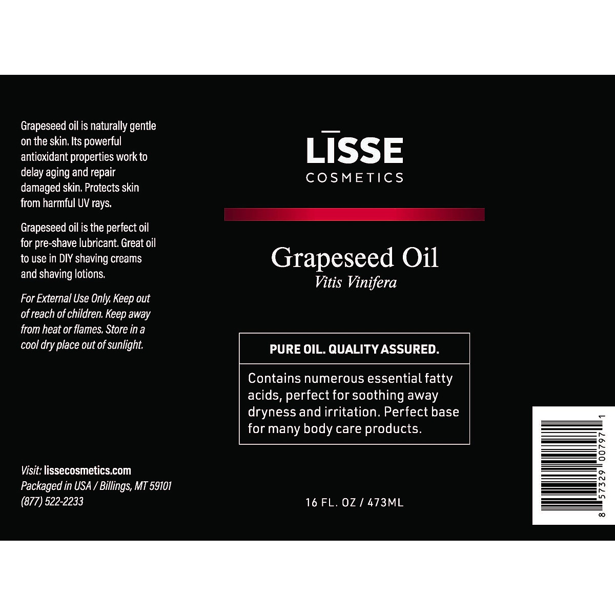 Lisse 100% Pure Grapeseed Oil - Batch Tested and Third Party Verified - For All Skin Types