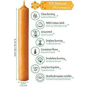 Eika Premium 10% Beeswax Tree Candles - Pack of 20 Honey Colored Natural Christmas Wax Candles for Pyramids, Carousels & Chimes - Made in Europe