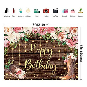 Cowgirl Happy Birthday Backdrop 7x5FT Western Hat Boot Floral Glitter Brown Rustic Wooden Boho Bday Photography Background for Women Country Party Decorations Banner Props