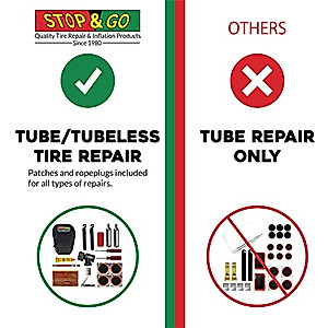 Stop & Go 100 27 Piece Bicycle Repair & Inflation Kit for Tubeless and Tube-Type Tires Works on BMX, XC, Mountain, Road, Gravel, & E-Bikes (4 Patches & 10 Rope Plugs)