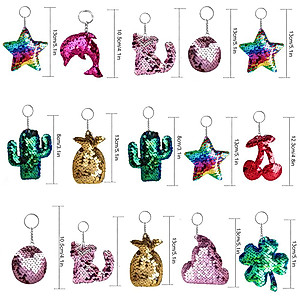 Outee Sequin Keychain 15 Pcs Flip Sequin Keychain for Mermaid Tail Clover Cat Animals Shape Christmas Gift Party Favors for Kids Adults Party Favors Gift Back to School Gifts 15 Different Designs