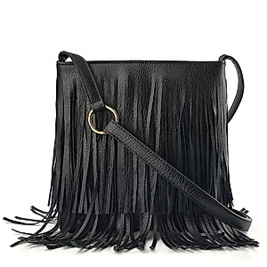 Glossy Fringe Cross Body Shoulder Bag Tassel Womens Purse(Black)