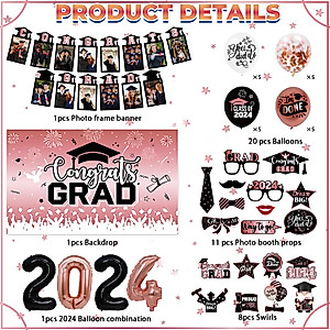2024 Pink Graduation Decorations, Pink Graduation Banner Class of 2024 Pink and Black Graduation Party Supplies Balloons Graduation Photo Props Decorations Class of 2024 Pink Congrats Grad 2024