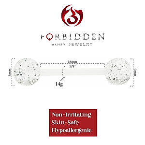 Forbidden Body Jewelry 14g 16mm (5/8 Inch) Hypoallergenic PTFE Flexible Clear Ultra Glitter Nipple & Tongue Ring Barbell