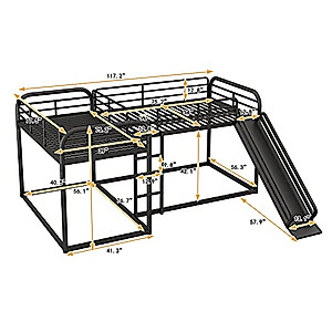 WOXYX Full and Twin Size L-Shaped Bunk Bed,Metal 4 Beds Frame with Slide and Short Ladder,White