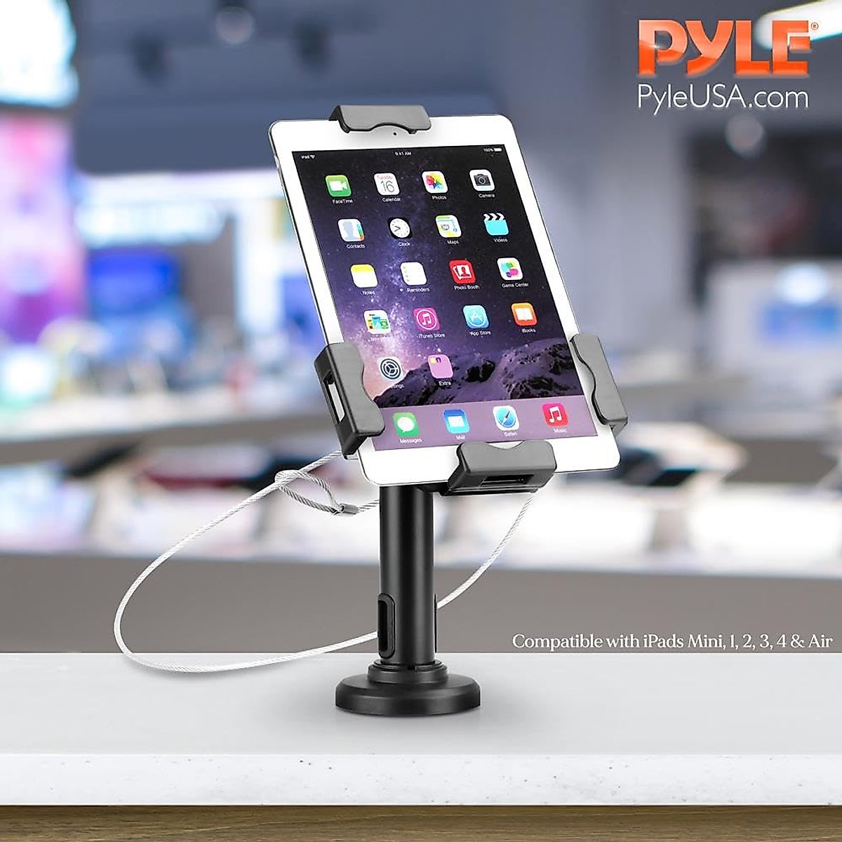 Pyle PSPADLK8 Anti-Theft Tablet Security Stand Kiosk - Table Mount Desktop Tablet Case Holder with Lock, Adjustable Clamp Arm, Internal Cable Routing, for iPad, Kindle, Samsung, Android Tablets