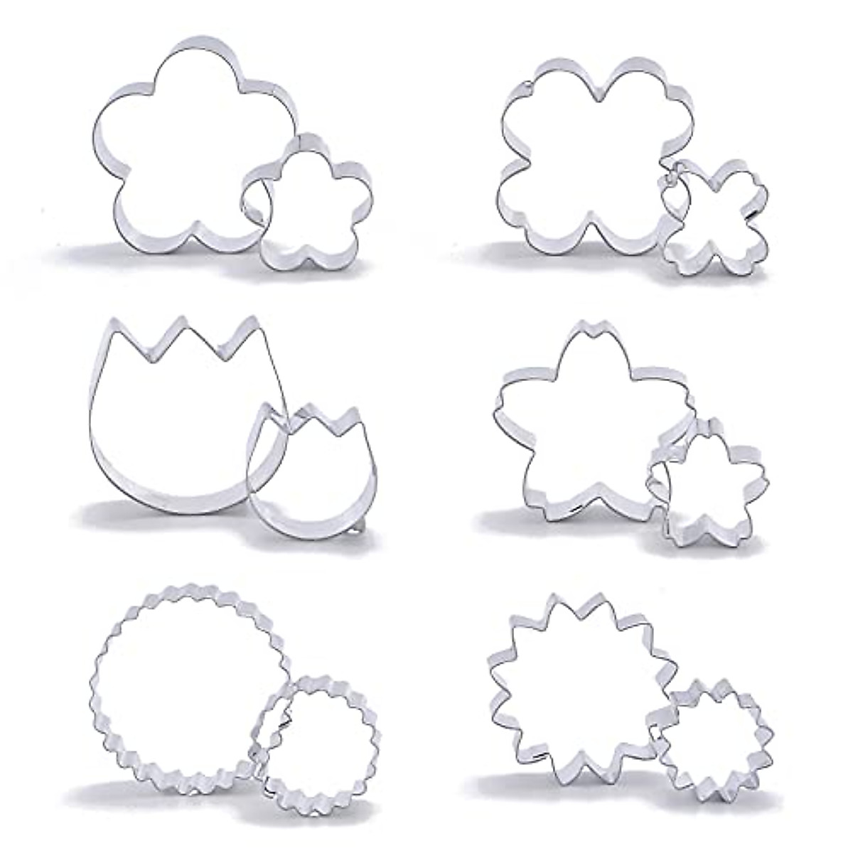 Flowers Cookie Cutter Set -12 Pieces - Plum Blossoms, Clover, Tulip, Cherry Blossoms, Sawtooth Circle, Sunflower Biscuit Fondant Cutters Stainless Steel