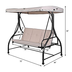 Tangkula 3 Seats Converting Patio Swing, Outdoor Porch Garden Canopy Swing with Comfortable Cushion Seats & Adjustable Tilt Canopy, Heavy Duty Hammock 3 Persons Porch Swing (Beige)