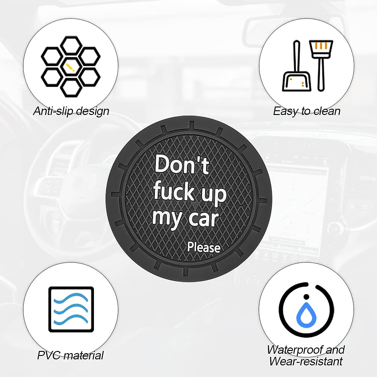 8sanlione Cup Holder Coasters, 2.75 Inch Non-Slip PVC Insert Coaster, Anti-Scratch Auto Cup Mats for Women Men, Vehicle Interior Accessories Universal for Car, SUV, Truck (D Black/2PCS), 2 Pack