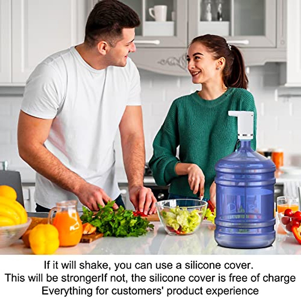 Water Bottle Pump Dispenser 5 Gallon, Manual Straight Plug Button, Automatic Drinking Water Pump, USB Charging with jug Cap, White