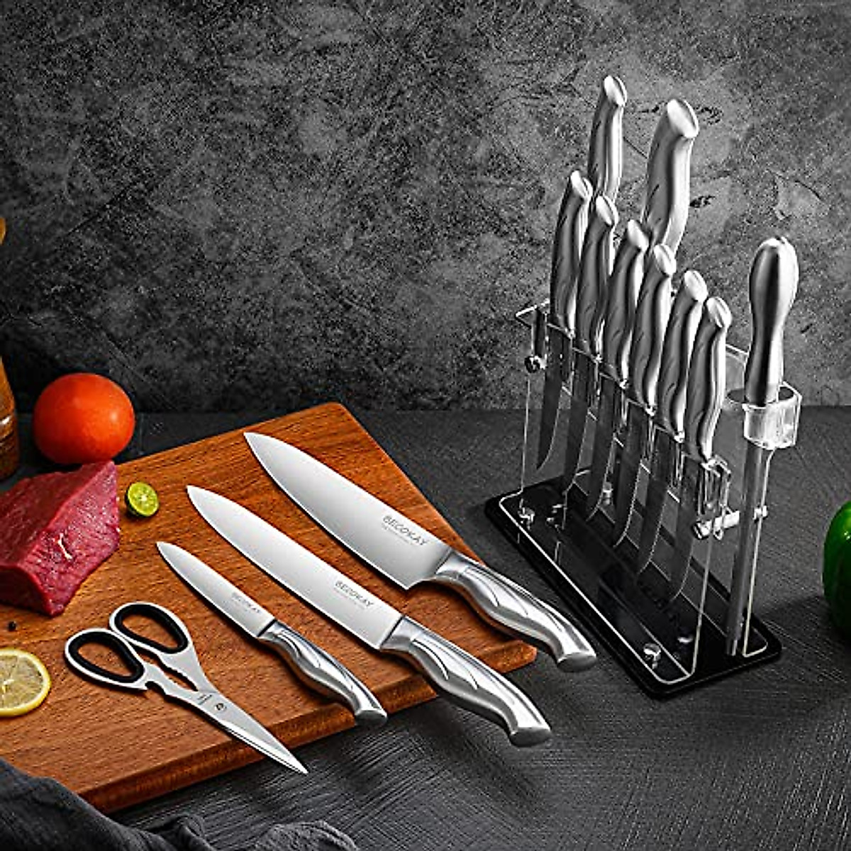 Premium Chef Knife Sets,14-Piece Kitchen Knives with Acrylic Stand, Full Tang Designed, High Carbon Stainless Steel Cutlery With Knife Sharpener & 6 Steak Knives, Ergonomic Handle & Gifted Box(Silver)
