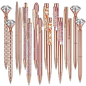 16 Pcs Rose Gold Ballpoint Pen Set Include Diamond Pen Metal Stylus Pen Liquid Sand Pen Flower Pen Glitter Retractable Pen Black Ink Slim Ballpoint Pen for Wedding Party Office School Home Supplies