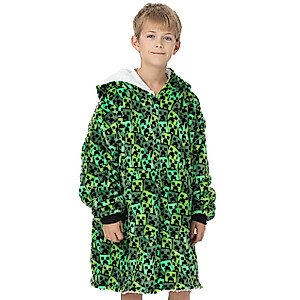Minecraft Boys Oversized Blanket Hoodie | Boys Creeper Villain Enemy Double Lined Sherpa Fleece Green Sweater