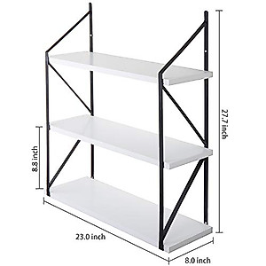 MyGift 3-Tier Farmhouse White Wood Wall Floating Shelves - 23 Inch Wall-Mounted Organization Wooden Shelf Rack with Black Metal Brackets