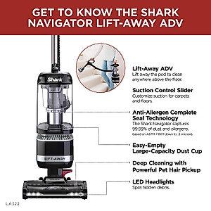 Shark LA322 Navigator Lift-Away ADV Corded Lightweight Upright Vacuum with Detachable Pod Pet Power Brush, Crevice Tool and Dusting Brush, Black (Renewed)