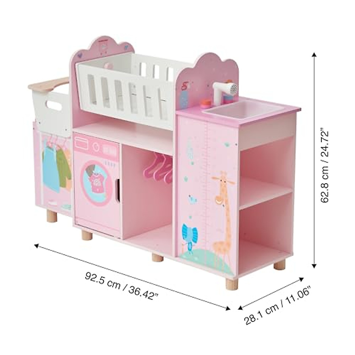 Olivia's Little World Amanda 6-in-1 Wooden Doll Nursery Station with Rocking Cradle, High Chair, Storage, Washing Machine and Sink - for 3 yrs and up, Pretend Play House, Daycare - Pink/Multi