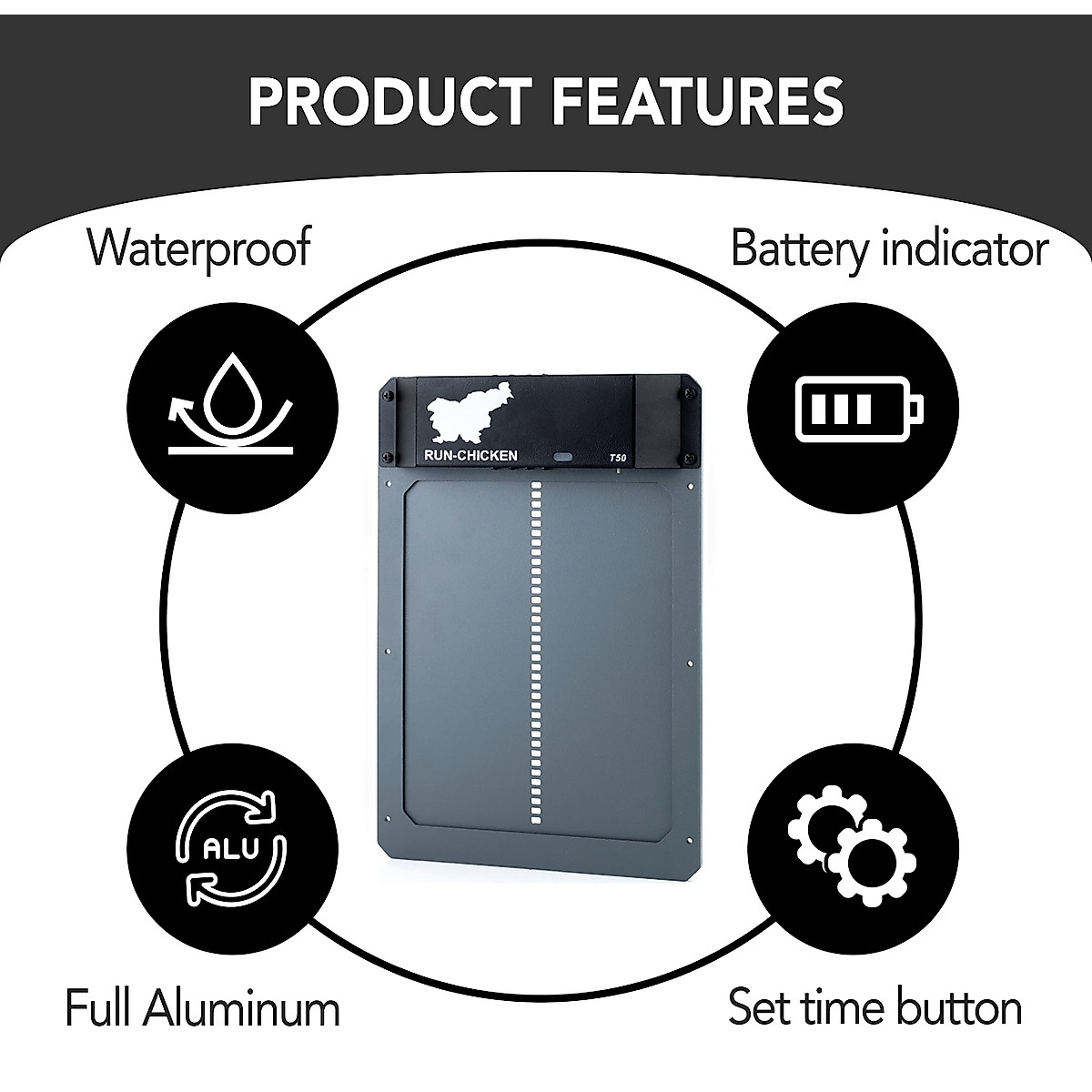 RUN-CHICKEN Door (Gray) Automatic Chicken Coop Door, Programmable with App, Battery Operated, Evening and Morning Delay, Aluminum Door, Electric Chicken Run Door, Model T50