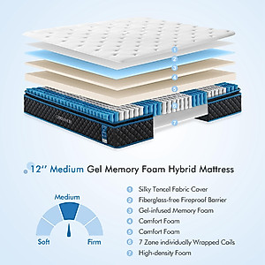 CHRIXANEIR 12 Inch Hybrid Mattress, Medium Firm Gel Memory Foam Mattress in a Box and Pocket Springs with Tencel Cover, CertiPUR-US Certified, Balance Support & Pain-Relief King Size Mattress.