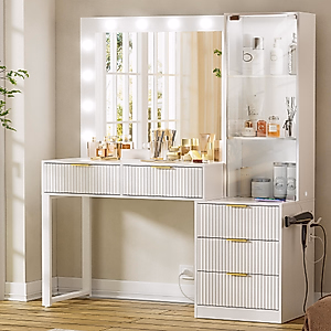 WJFORLION Vanity Desk with Mirror and Llights, Makeup Vanity with Charging Station, 5 Drawers & Adjustable Shelves, Girls Vanity for Bedroom (No Stool)