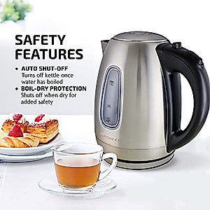 Ovente Portable Electric Hot Water Kettle 1.7 Liter Stainless Steel 1100 Watt Power Fast Heating Element Countertop Tea Maker Boiler Heater with Automatic Shut-Off & Boil Dry Protection Silver KS960S