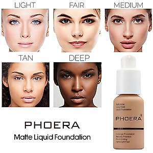PHOERA Foundation 102 and 103 & Face Primer,Liquid Full Coverage Foundation Set,Foundation Brush Powder Brush,5 Makeup Sponge,30ml PHOERA 24HR Matte Oil Control Concealer (102 Nude + 103 Warm peach)
