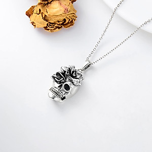 Seiyang Skull Necklace for Women Sterling Silver Goth Skull Rose Pendant Halloween Necklace Skull Jewelry Skull Gift for Women Men Halloween (Rose Skull Necklace)