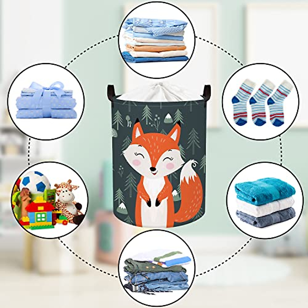 Clastyle 45L Smile Foxes Kids Laundry Baskets for Bedroom Collapsible Waterproof Tree Laundry Hamper with Drawstring for Toys, 14.2 * 17.7 in