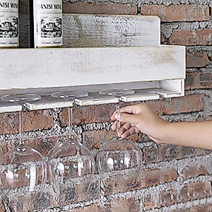 MyGift Rustic Whitewashed Wood Wall Mounted Wine Bottle Holder Shelf and Wine Glass Holder Stemware Storage
