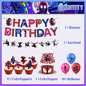 Spider Miles Party Supplies,Sparkling Cake Topper Birthday Cupcake Decoration Banner Backdrop Tablecloth Balloons Wrappers