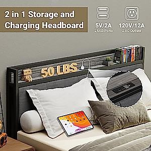 Zevemomo Queen Bed Frame, Queen Size Metal Platform Bed Frame with 2-Tier Storage Upholstered Headboard and Power Outlets, USB Ports Charging Station/No Box Spring Needed/Noise-Free/Easy Assembly