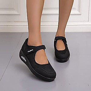 YSMIIH Womens Walking Mary Jane Wedges Sneaker Hook and Loop Comfort Nurse Shoes Casual Rockers(Black,8