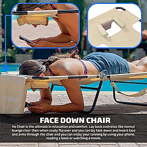 Face Down Tanning Chaise Lounge Chair - Face & Arm Holes - 2 Legs Support - Polyester Material – Backrest Positions - Head Rest Pillow - Beach or Home Use - Read and Tan - Tan Stripes Pattern