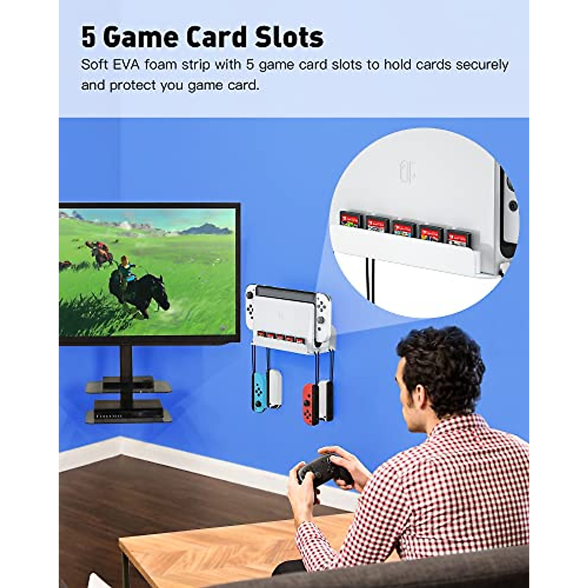 ZAONOOL Wall Mount for Nintendo Switch and Switch OLED, Metal Wall Mount Kit Shelf Stand Accessories with 5 Game Card Holders and 4 Joy Con Hanger, Safely Store Switch Console Near or Behind TV, White