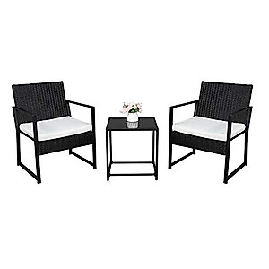 3 PCS Patio Wicker Rattan Furniture Set, Rattan Chair with Coffee Table, Bistro Set Rattan Chair Conversation Sets Garden Furniture for Patio Garden Lawn Backyard Pool (Black-A)