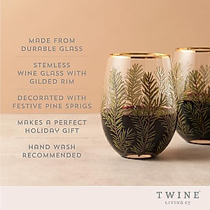 Twine Woodland Stemless Wine Glasses, Festive Gold Rim Tumblers, Decorative Barware, 16 Oz Set of 2