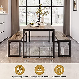 Gizoon 45.5" Dining Table Set for 4, Kitchen Dining Table with 2 Benches, Dining Room Table Set with Metal Frame & MDF Board, Space-Saving Dinette for Kitchen, Dining Room -Grey