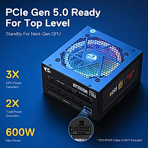 Redragon RGPS-850W 80+ Gold 850 Watt ATX 3.0 & PCIe 5.0 Fully Modular Power Supply w/ 80 Plus Gold Certified, Compact 160mm Size, Smart ECO Low Noise RGB Fan, 100% Japanese Capacitors, Full Mod Cables