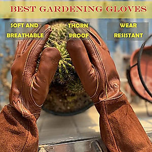 AOUCHI Long Leather Gardening Gloves for Women Men Kid, Breathable Cowhide Rose Pruning Thorn Proof Gloves with  Forearm Protection, Sheepskin Palms Cowhide Sleeves Garden Yard Safety Work Gloves(S)