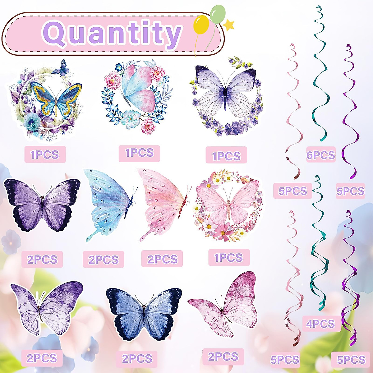 JUNEBRUSHS 46Pcs No Installation Hanging Butterfly Decorations Butterfly Birthday Decorations Spring Summer Themed Swirls Garland for Girl Birthday Wedding Party Baby Shower Garden Party