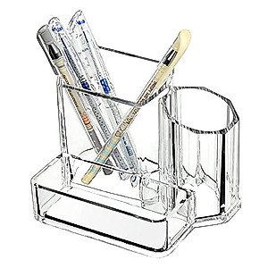 Sooyee Acrylic Desk Supplies Organizer Holder, 3 Compartments Office Desktop Caddy, Multi-function Pen Pencil Cup Phone Remote Control Stationery Storage Box for Home, School, Classroom, Clear