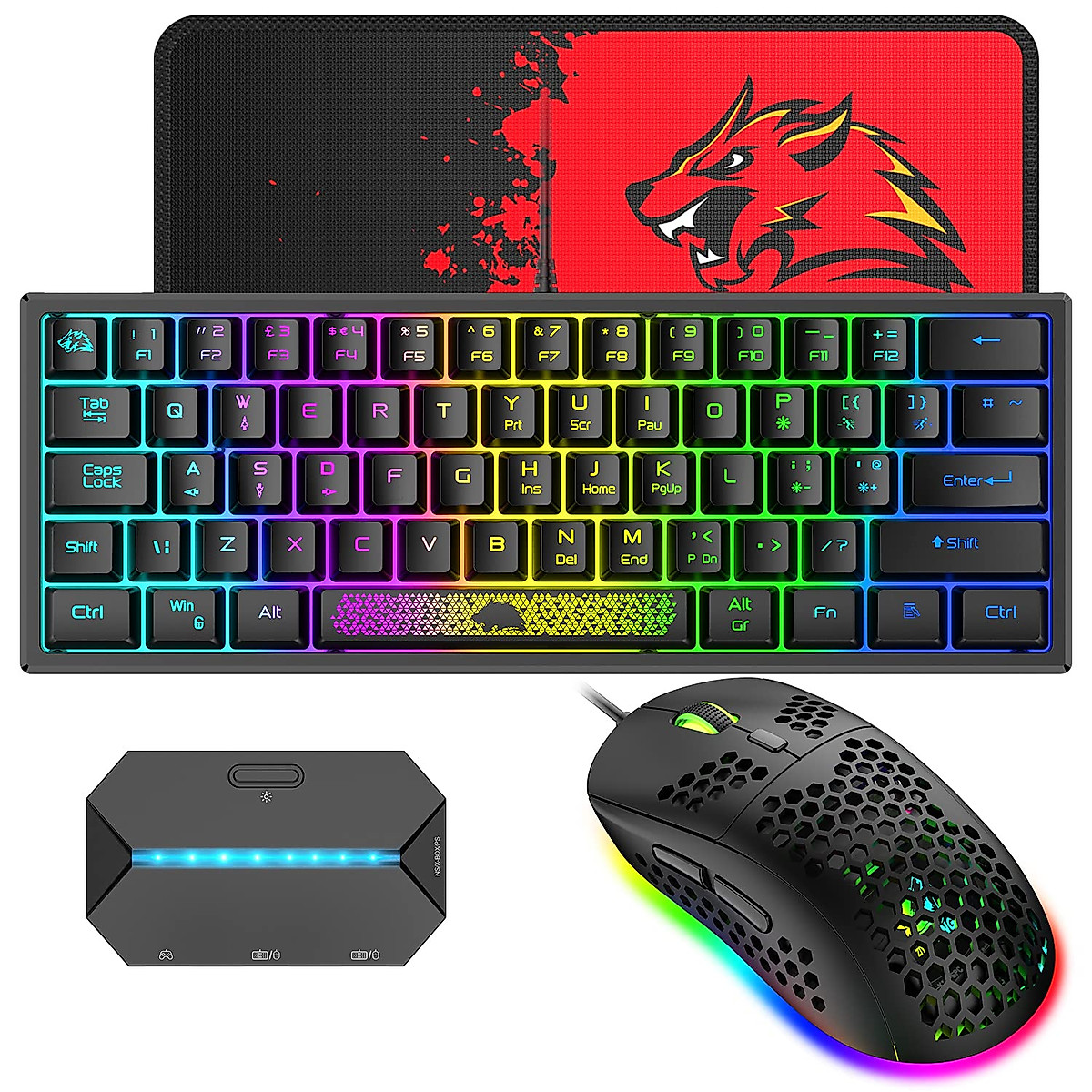 60% Wired Gaming Keyboard and Mouse Combo,Compact RGB Backlit Mini Mechanical Feel Keyboard Converter Adapter,RGB 6400 DPI Lightweight Gaming Honeycomb Shell Mouse for Xbox,PC,Laptop,MAC