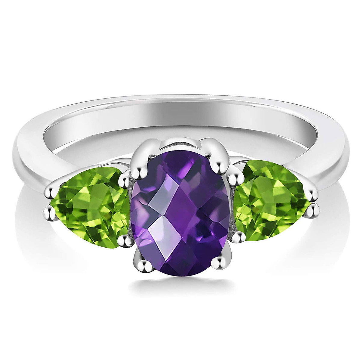 Gem Stone King 925 Sterling Silver Amethyst and Peridot 3-Stone Ring for Women (1.96 Ct Checkerboard, Available in size 5, 6, 7, 8, 9)