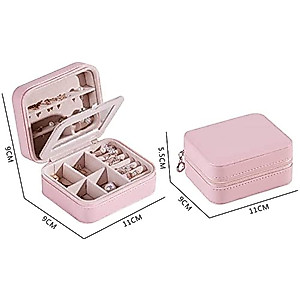 AN207 Jewelry Box with Mirror Zipper PU Leather Travel Earrings Ring Storage Case Necklace Bracelet Girl Gift Small Jewelry (Color : Pink)